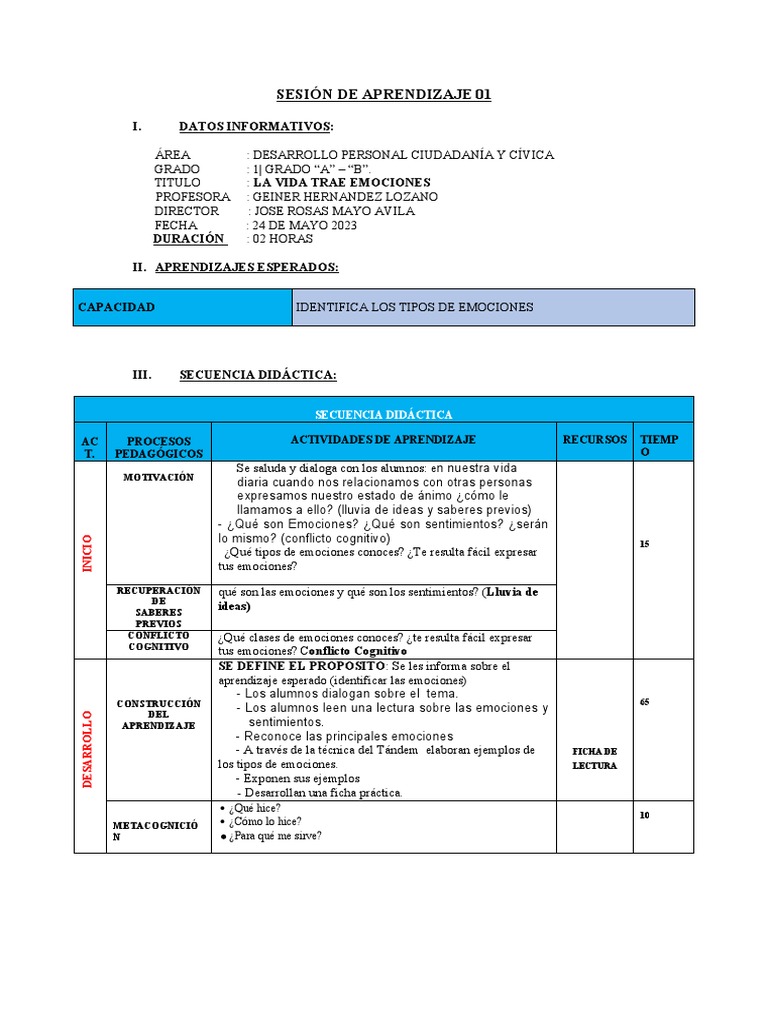 Sesión de Aprendizaje 01 DPCC | PDF