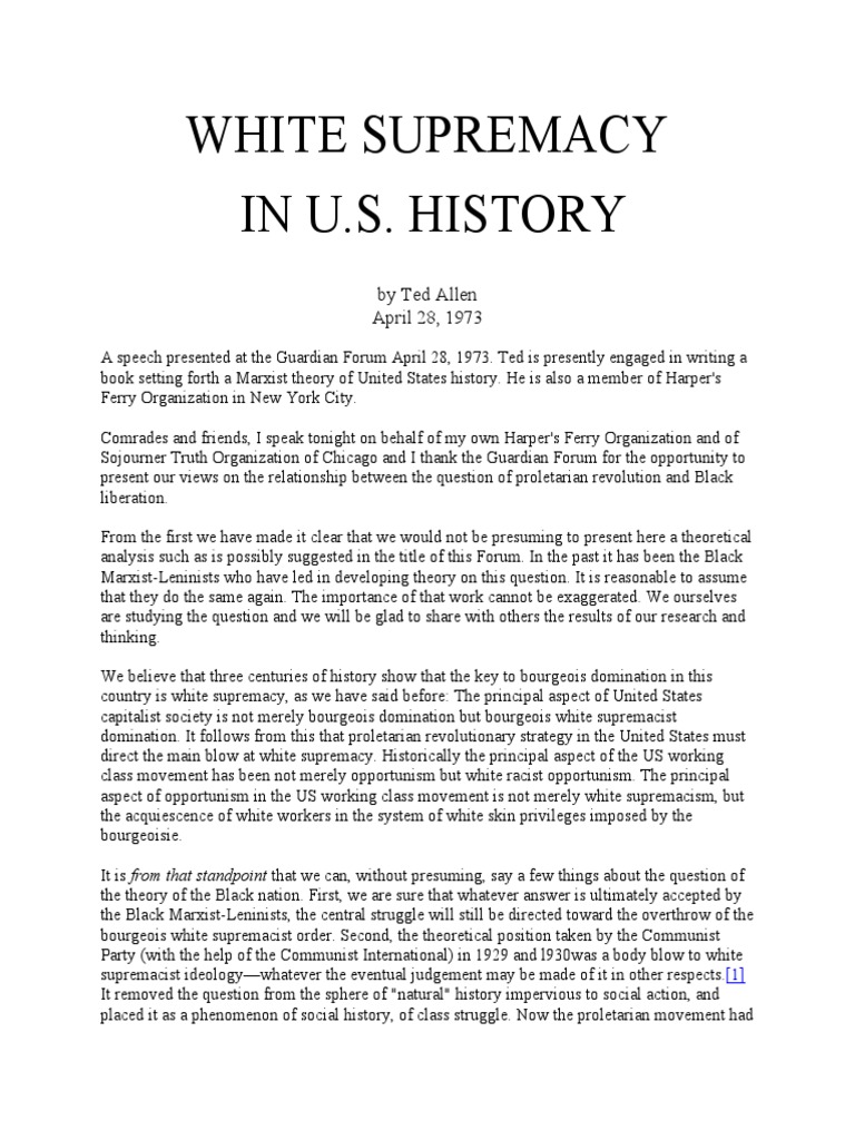 White Supremacy in US History (Theodore W Allen 1973) | PDF