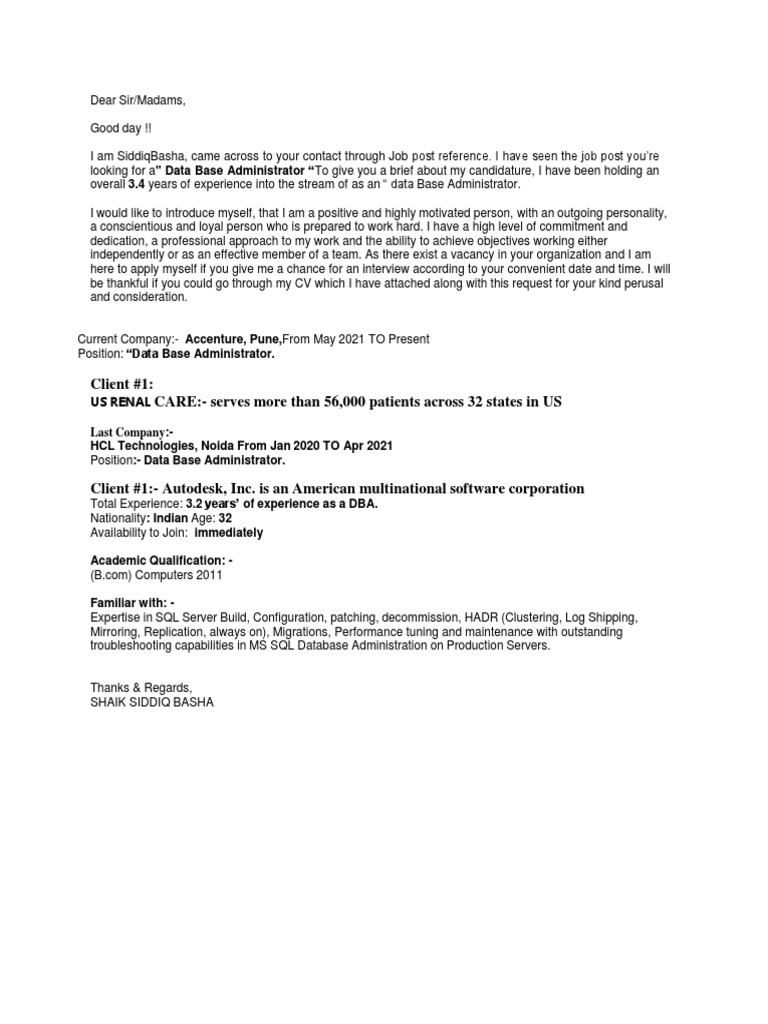 Siddiq Basha Covering Letter. SQL | PDF