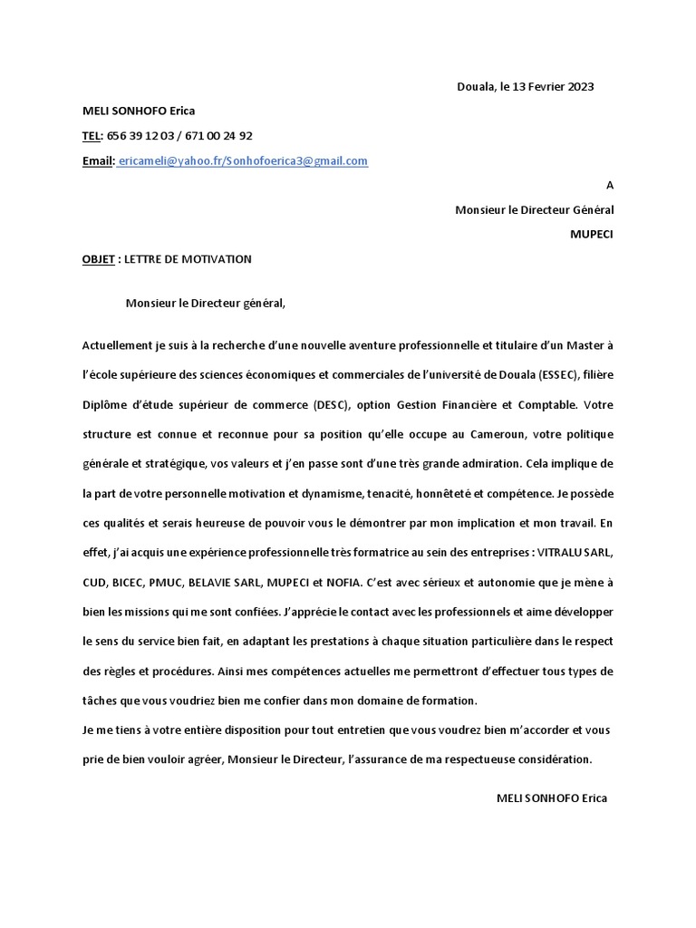 Lettre de motivation pour MUPECI | PDF | Évolution de carrière