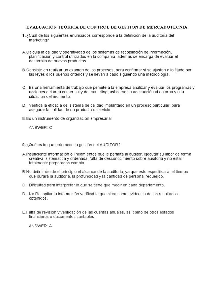 Preguntas de Evaluacion de Control de Gestiã - N de Marketing1 | PDF