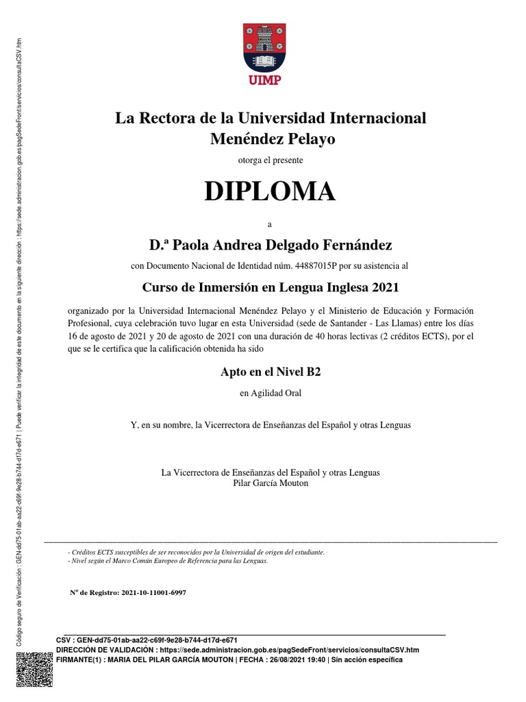 Diploma Curso Inmersión Inglés B2 | PDF