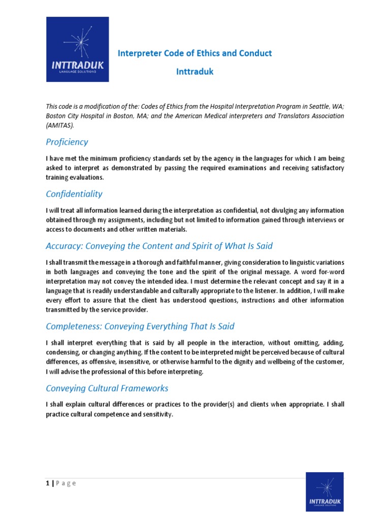 Interpreter Code Of Ethics And Conduct Inttraduk Pdf Language Interpretation Information