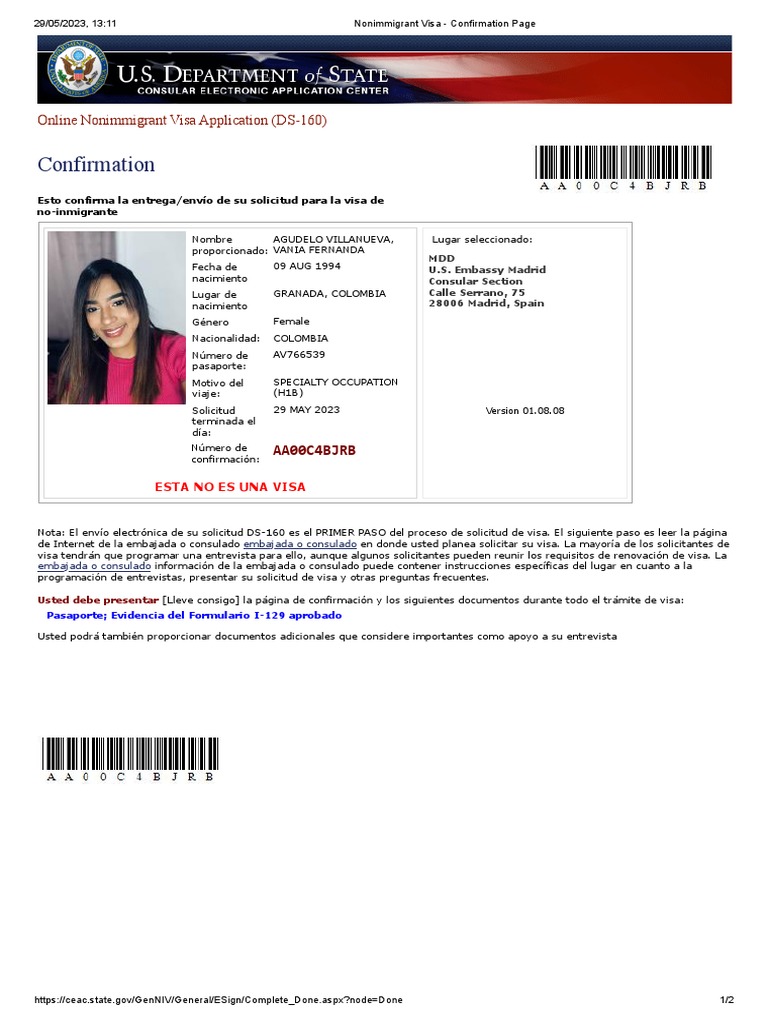 Nonimmigrant Visa - Confirmation Page | PDF | Oficina Federal de ...
