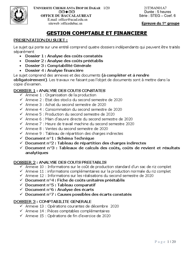 Epreuve Sujet Bac 2021 Gestion Comptable Et Financiere Steg 1er Groupe ...
