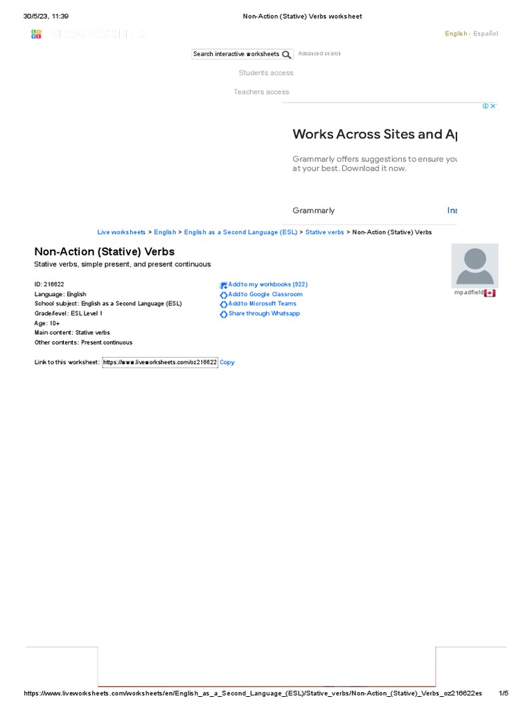 Non-Action (Stative) Verbs Worksheet | PDF | Worksheet | English As A ...