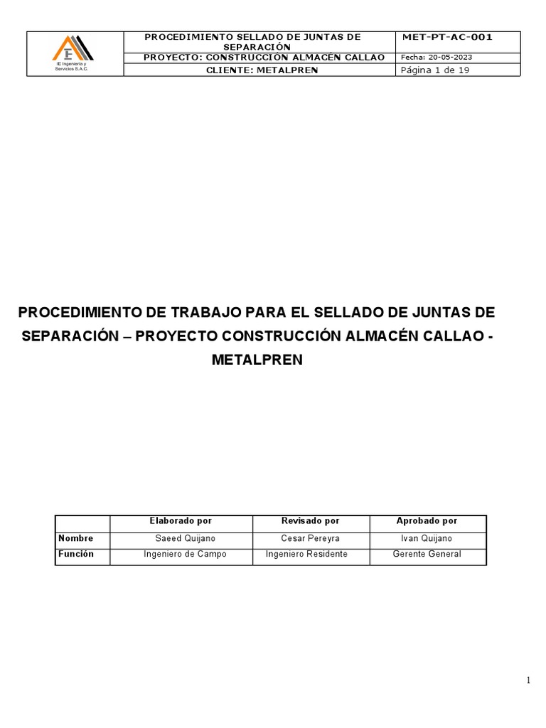 Procedimiento de Trabajo - Sellado de Juntas | PDF | Calibración