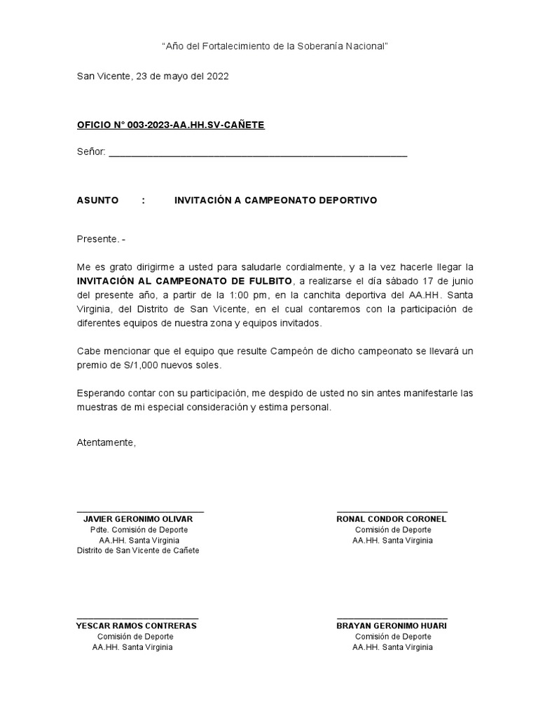 Oficio Solicito Donacion Malla para Futbol | PDF