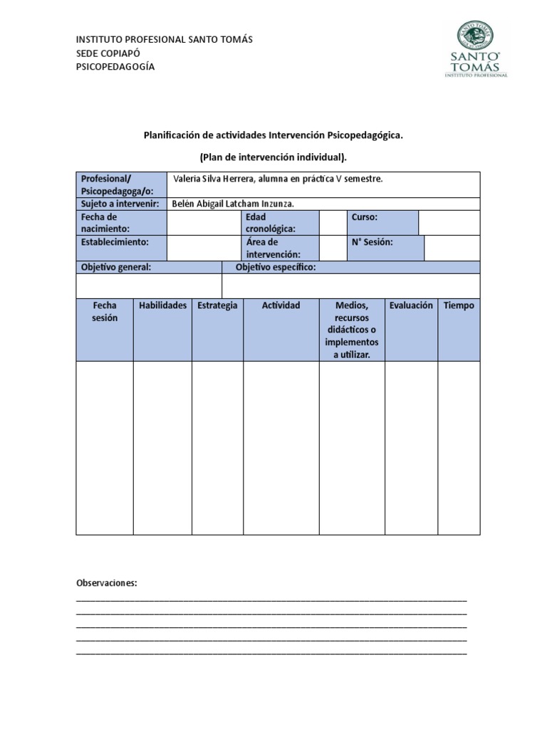 Planificación de Actividades Intervención Psicopedagógica | PDF