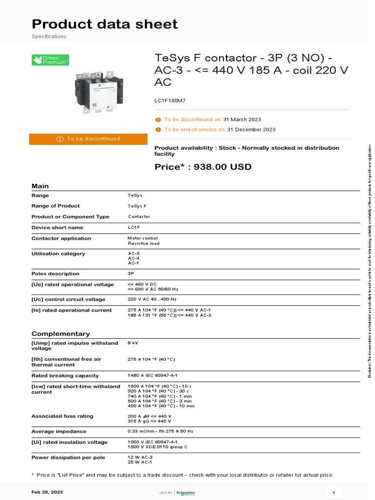 TeSys F Contactors - LC1F185M7 | PDF | Alternating Current | Electricity