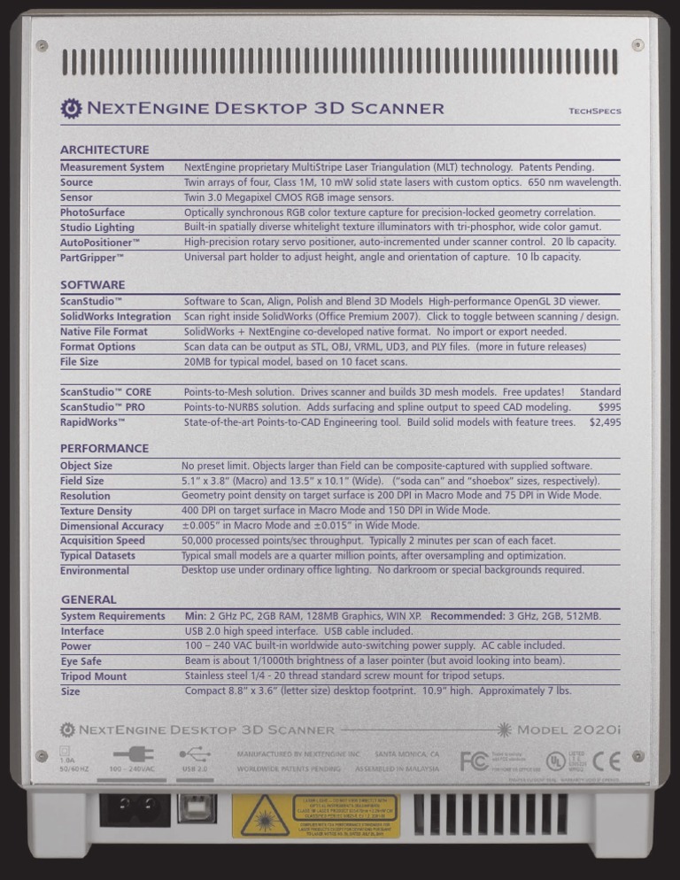 Next Engine 3D Data Sheet Hi | Download Free PDF | Image Scanner | Optics