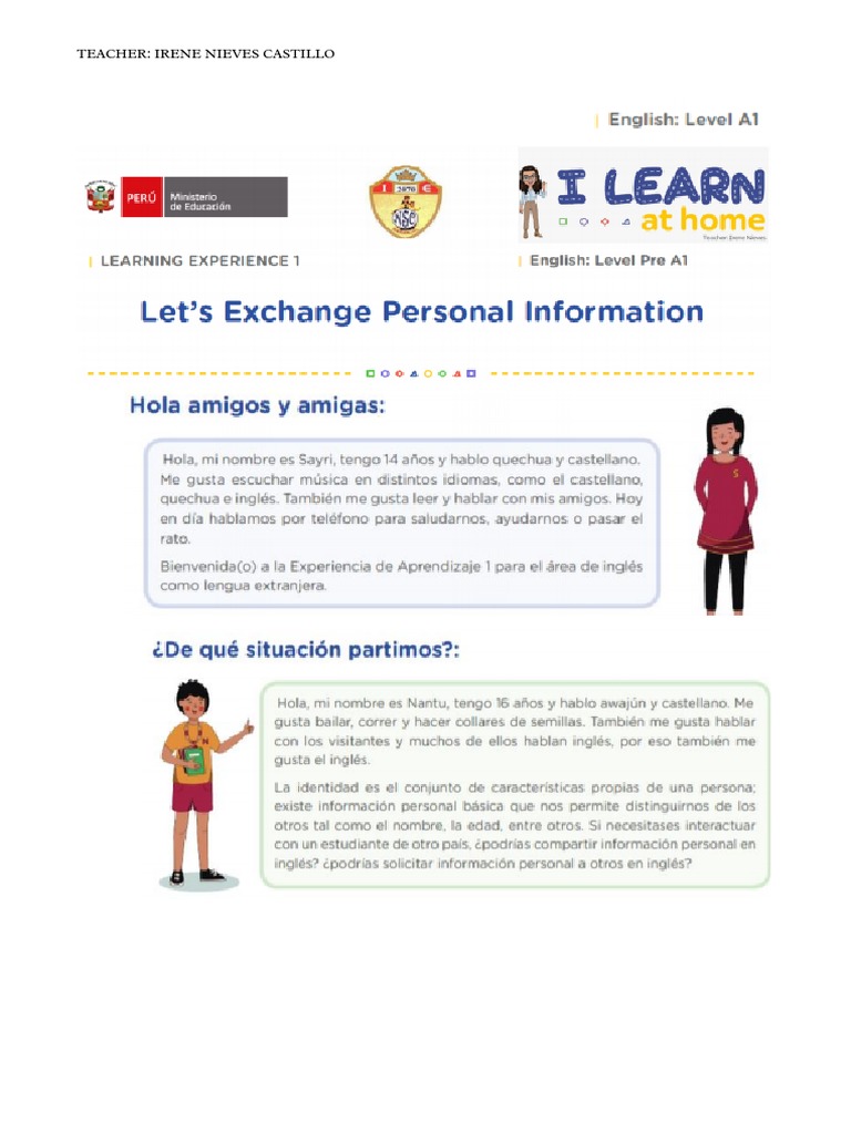3º 4º Grado Act.1 Let's Exchange Personal Information | PDF