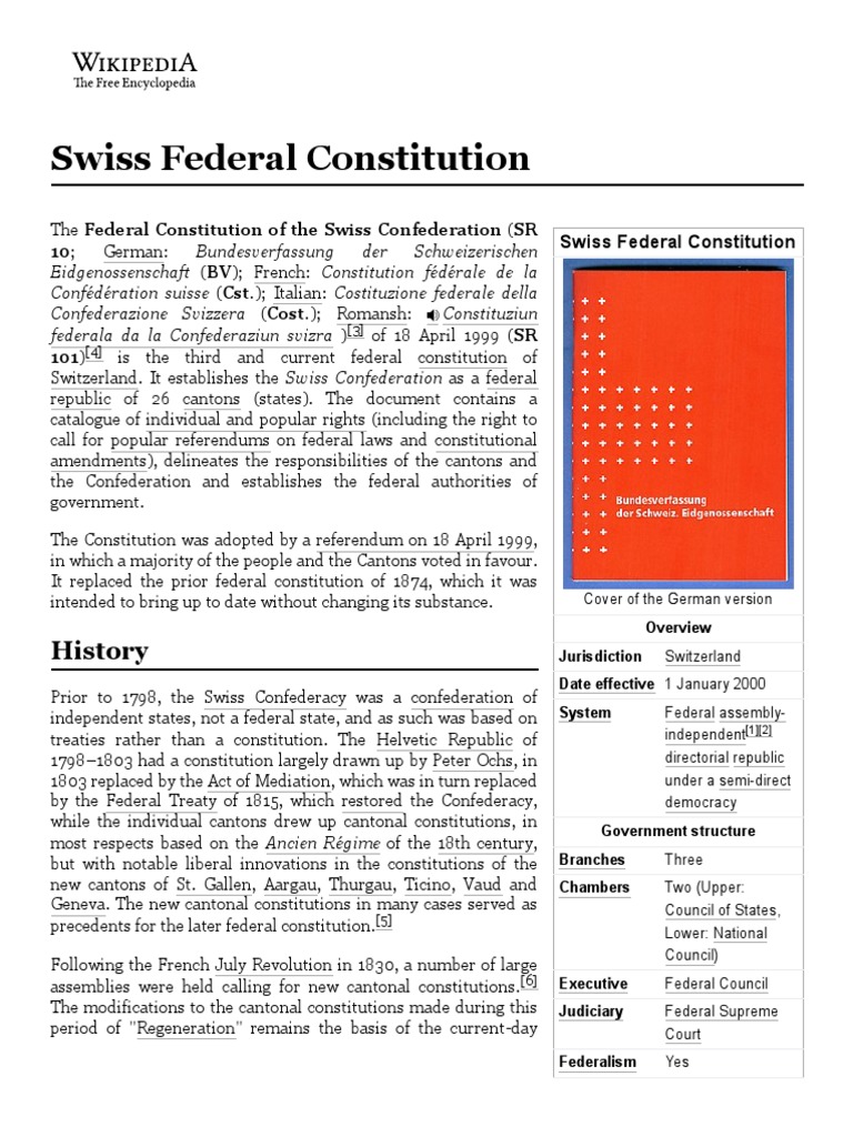 Swiss Federal Constitution - Wikipedia | PDF | Political Science ...