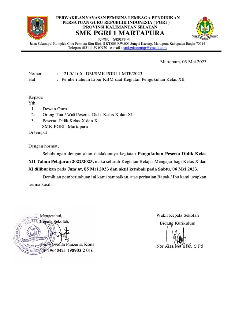 Pemberitahuan Libur KBM | PDF