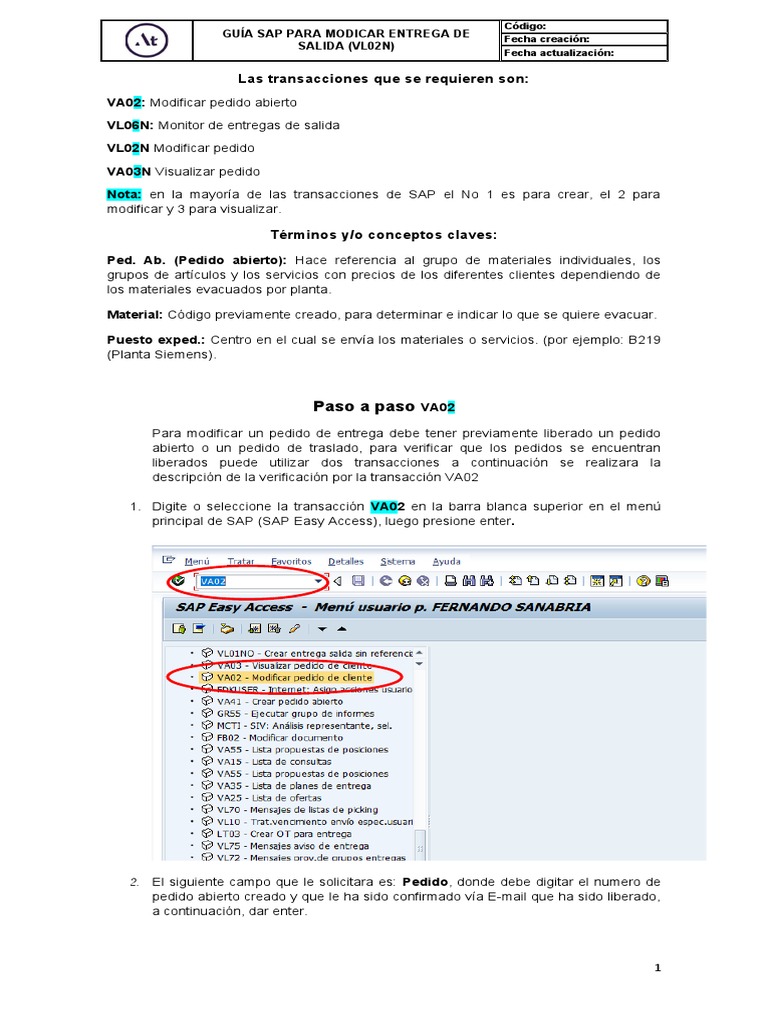 Guia SAP Para Crear Un Pedido de Entrega (VL02N) | PDF | Ventana ...
