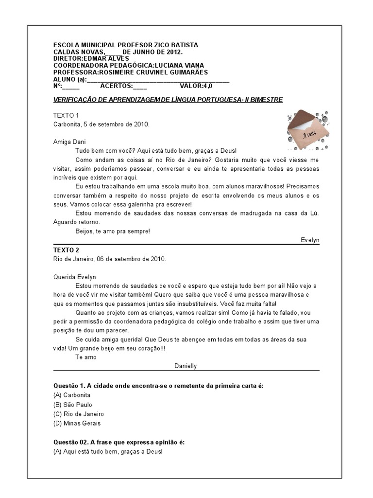 Prova de Portugues 6º Ano II BIMESTRE | PDF | Pronome | Linguística