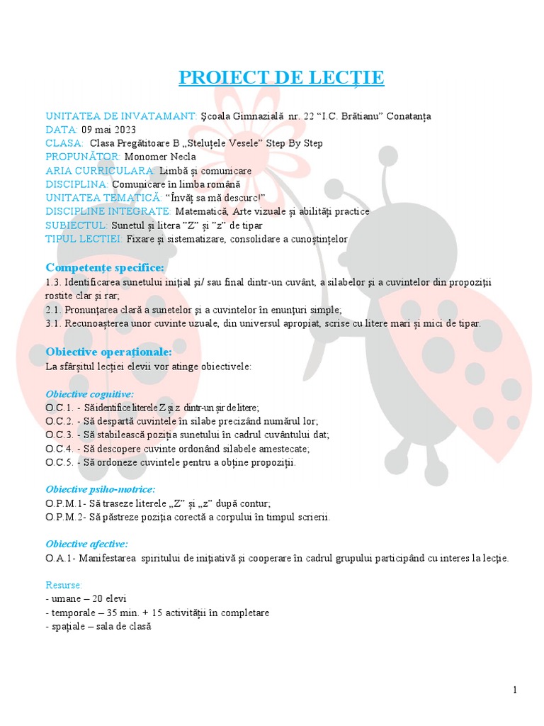 Proiect de Lecție CLR - Sunetul Si Litera Z | PDF