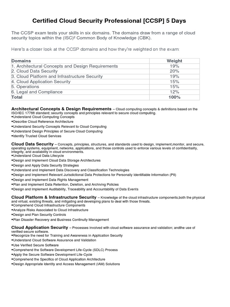 Certified Cloud Security Professional (CCSP) 5 Days: Domains Weight | PDF | Cloud Computing ...