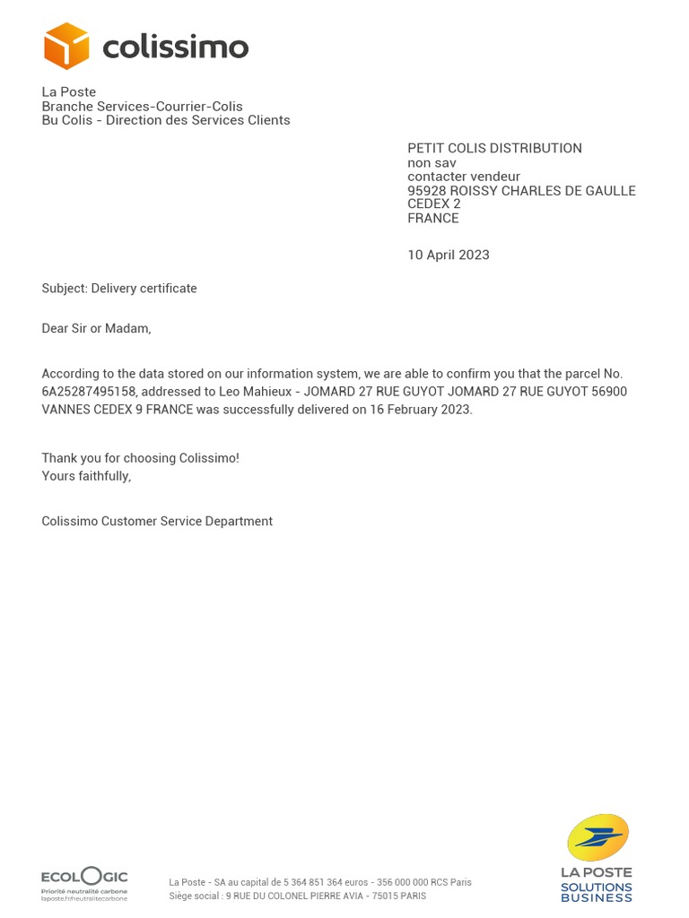 Delivery Confirmation for Parcel 6A25287495158 | PDF
