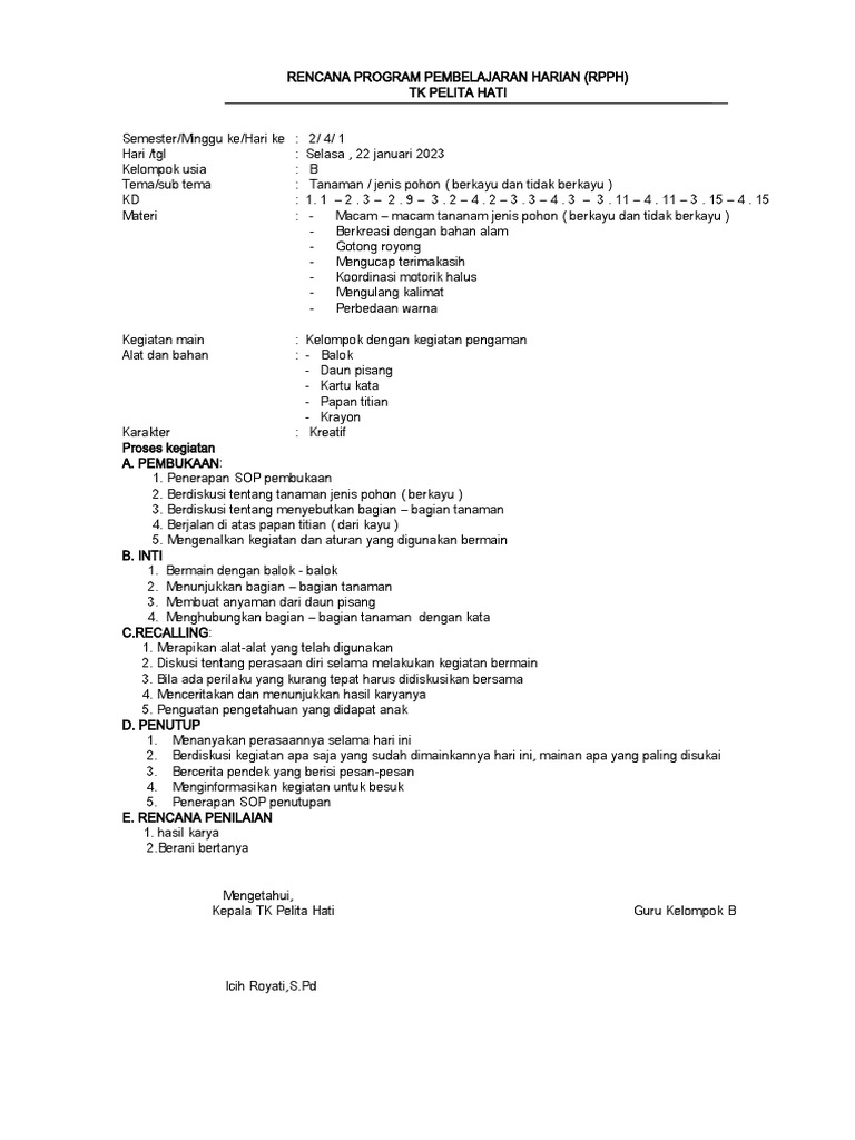 RPPH Kelas B Tema Tanaman Minggu 1 | PDF