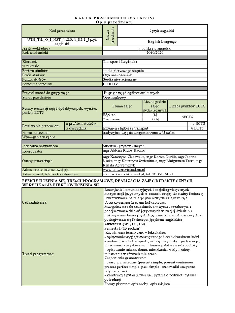 UTH - TiL - O - I - NST - (1-4) - E2-1 - Język Angielski | PDF