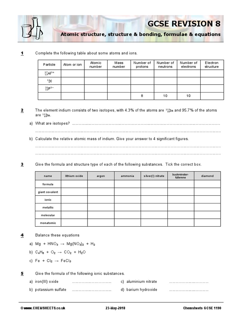 Gcse Revision 8: Atomic Structure, Structure & Bonding, Formulae ...