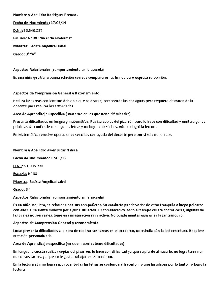 Informe Alumnos Con Dificultad | PDF | Aprendizaje | Cognición