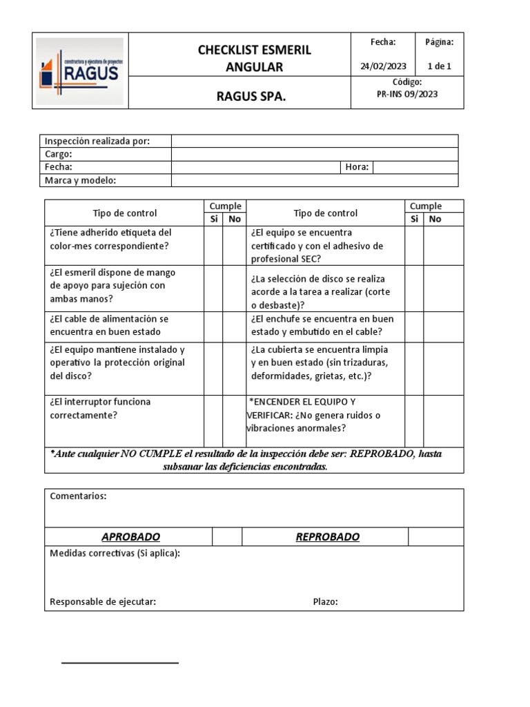 Checklist de Inspección Esmeril Angular | PDF | Tecnología