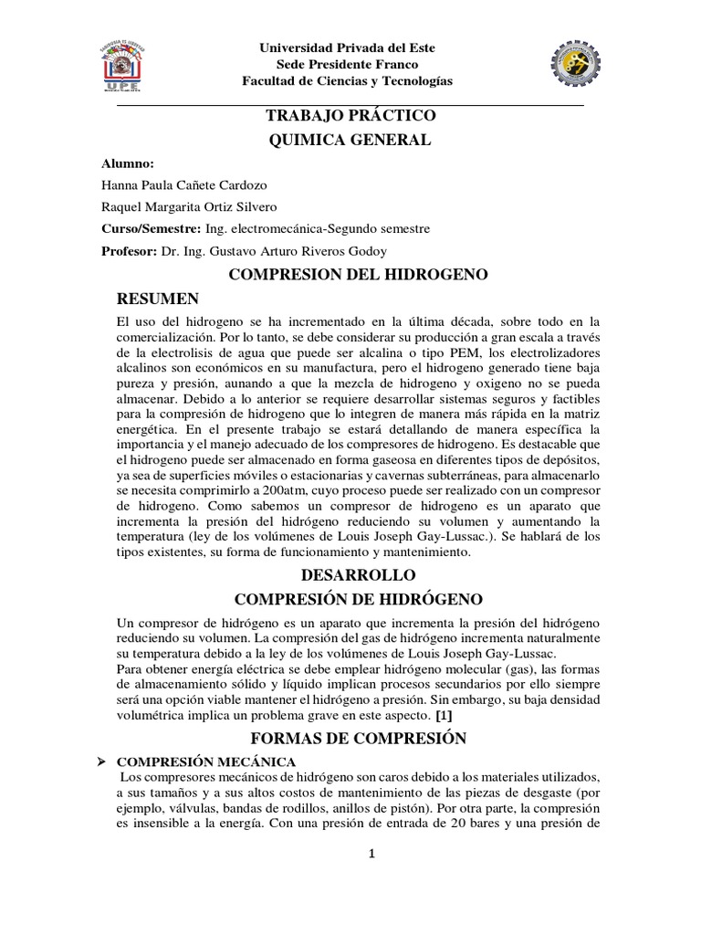 Compresión de Hidrógeno: Métodos y Tipos | PDF | Hidrógeno | Química