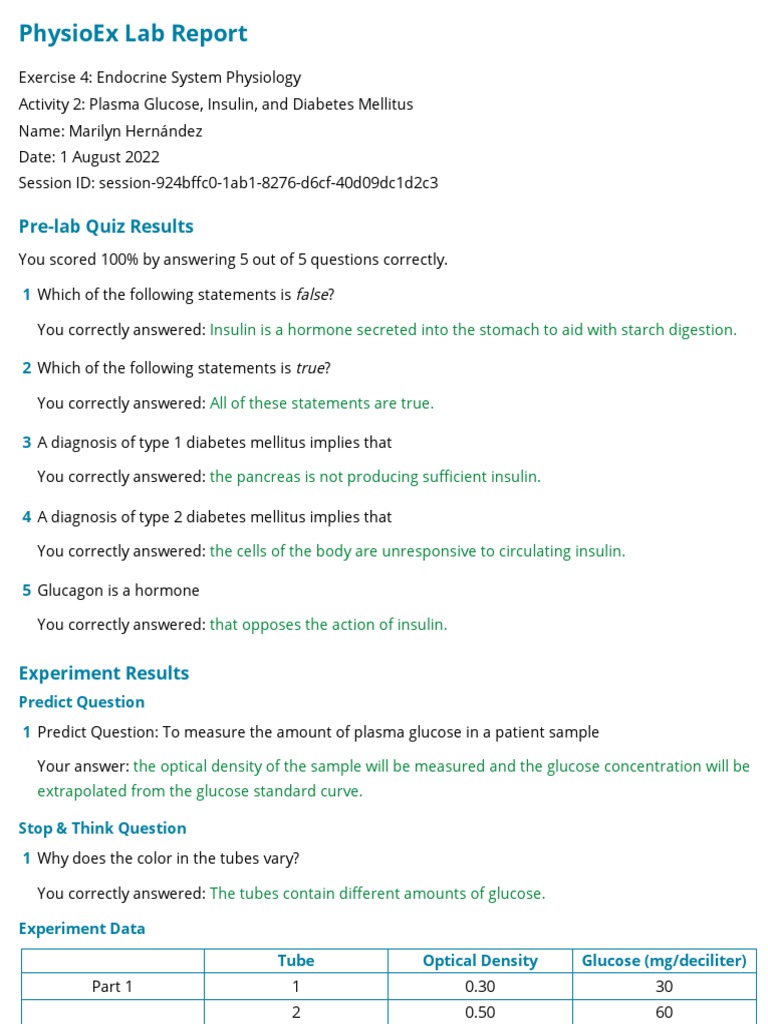 PhysioEx Exercise 4 Activity 2 | PDF | Insulin | Glucose