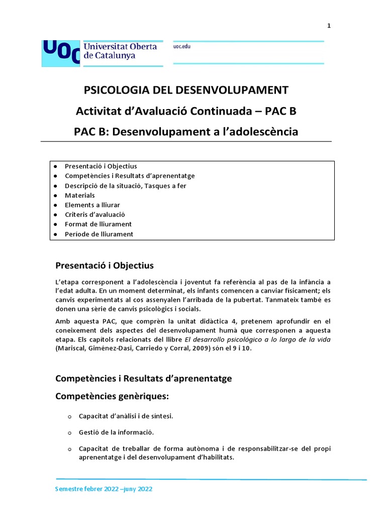PAC B - Psicologia Del Desenvolupament - Enunciat - 2021222 | PDF