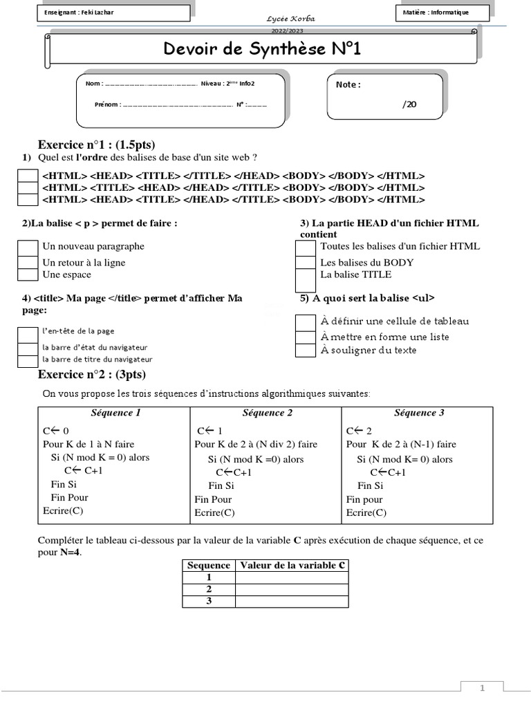 ds1 2eme Info | PDF | Langage de balisage | Html