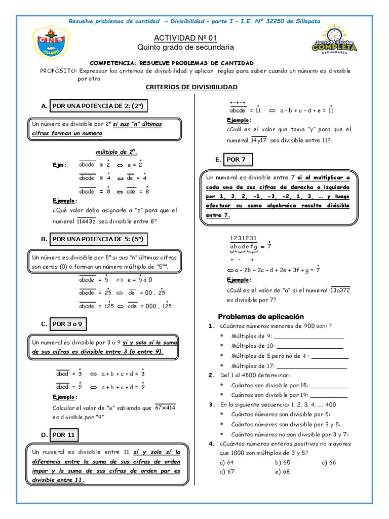 Actividad 1 - Criterios de Divisibilidad - 5º Sec-1-2 | PDF | Aritmética | Notación Matemática