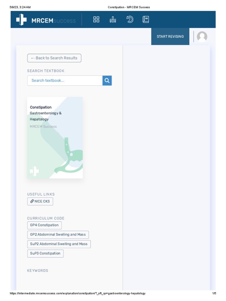 Constipation - MRCEM Success | PDF | Constipation | Rectum