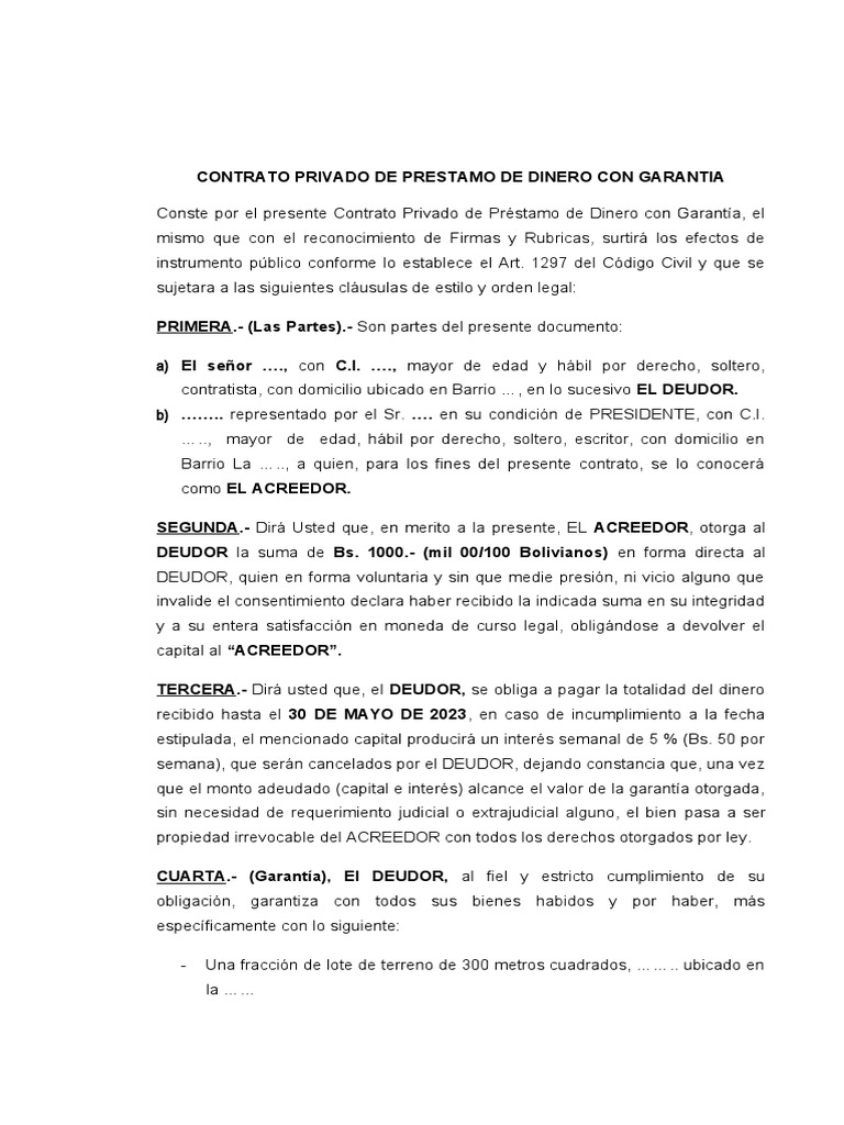 Contrato Privado de Prestamo de Dinero Con Garantia | PDF