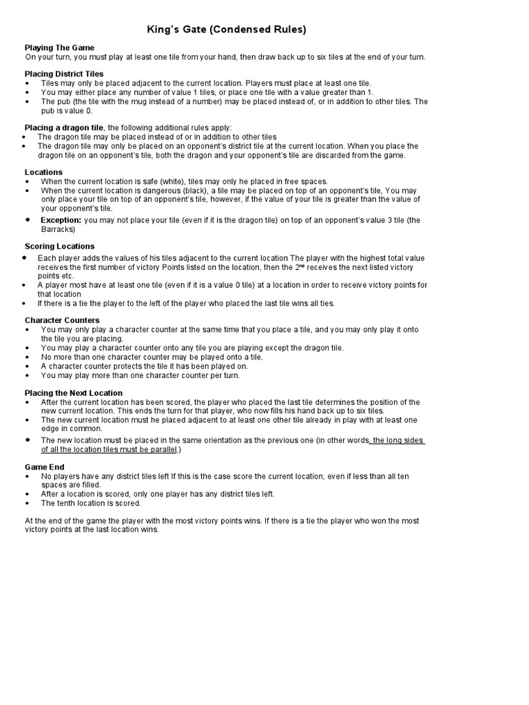 King’s Gate Game Rules Summary | PDF | Gaming | Tabletop Games