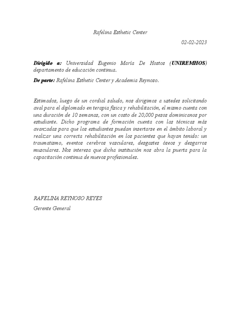 Rafelina Esthetic Center Carata de Aval para Uniremos | PDF