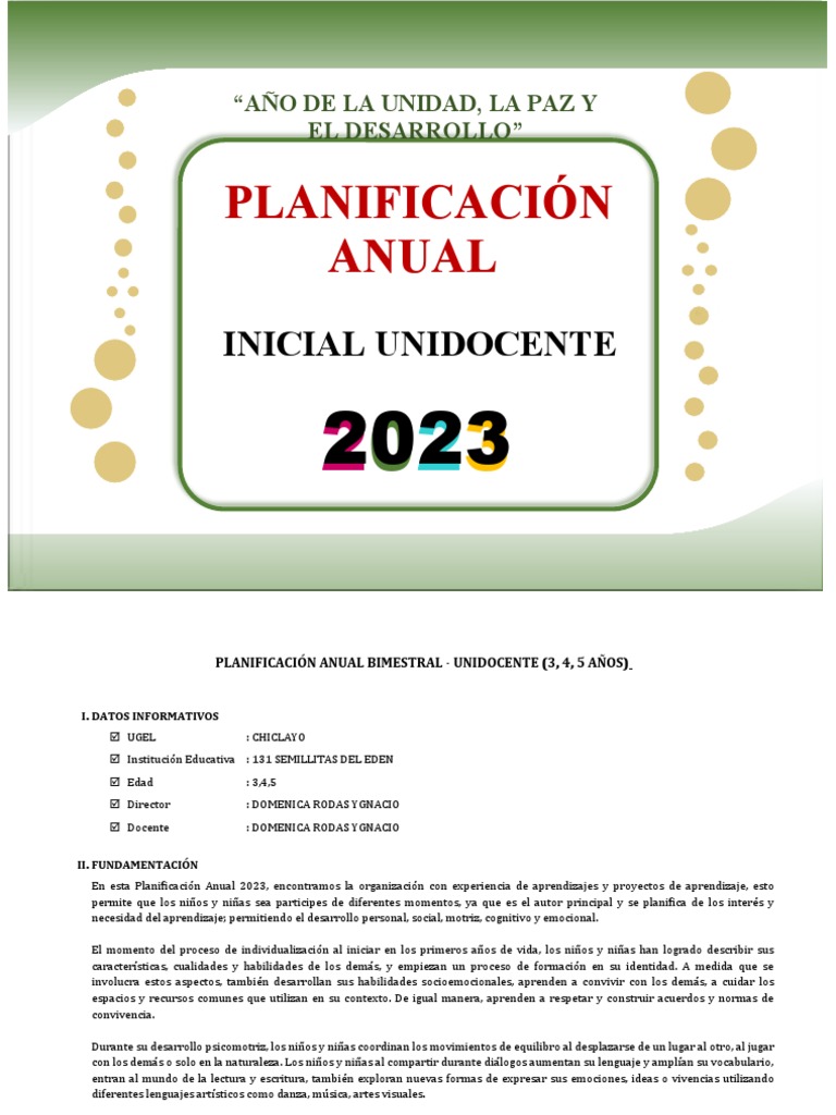 Planificación Anual Inicial Unidocente 2023 | PDF