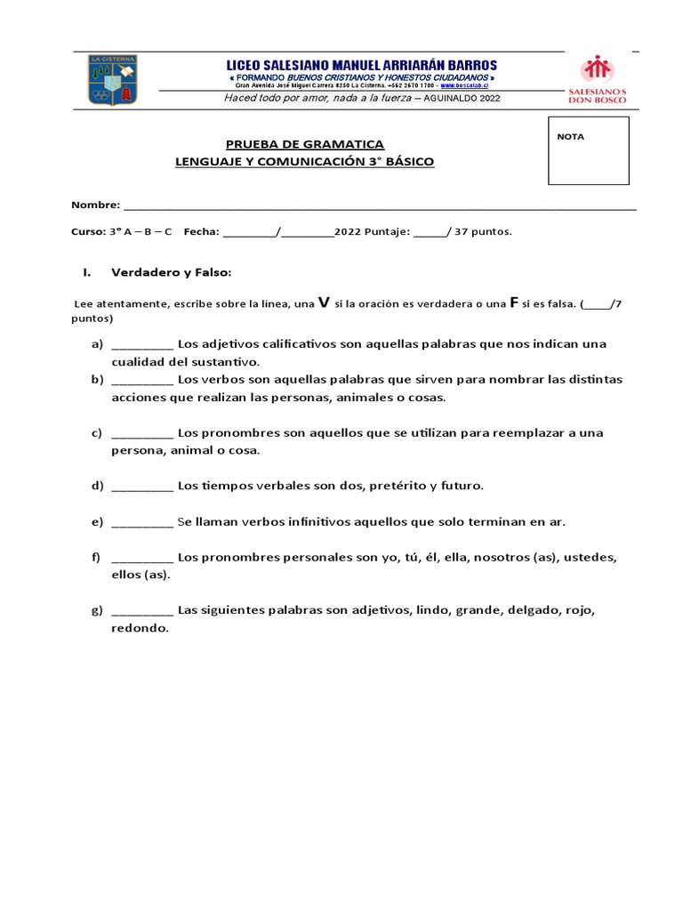 Prueba N°2 de Gramatica | PDF | Verbo | Sintaxis