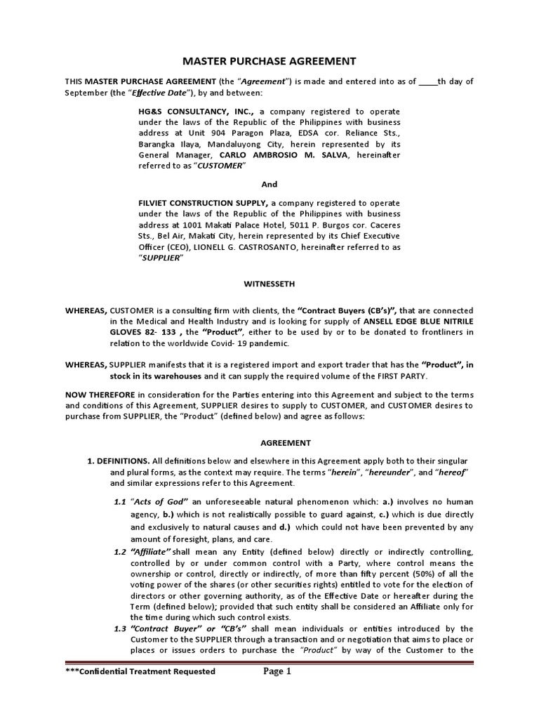 Master Purchase Agreement | PDF | Indemnity | Letter Of Credit