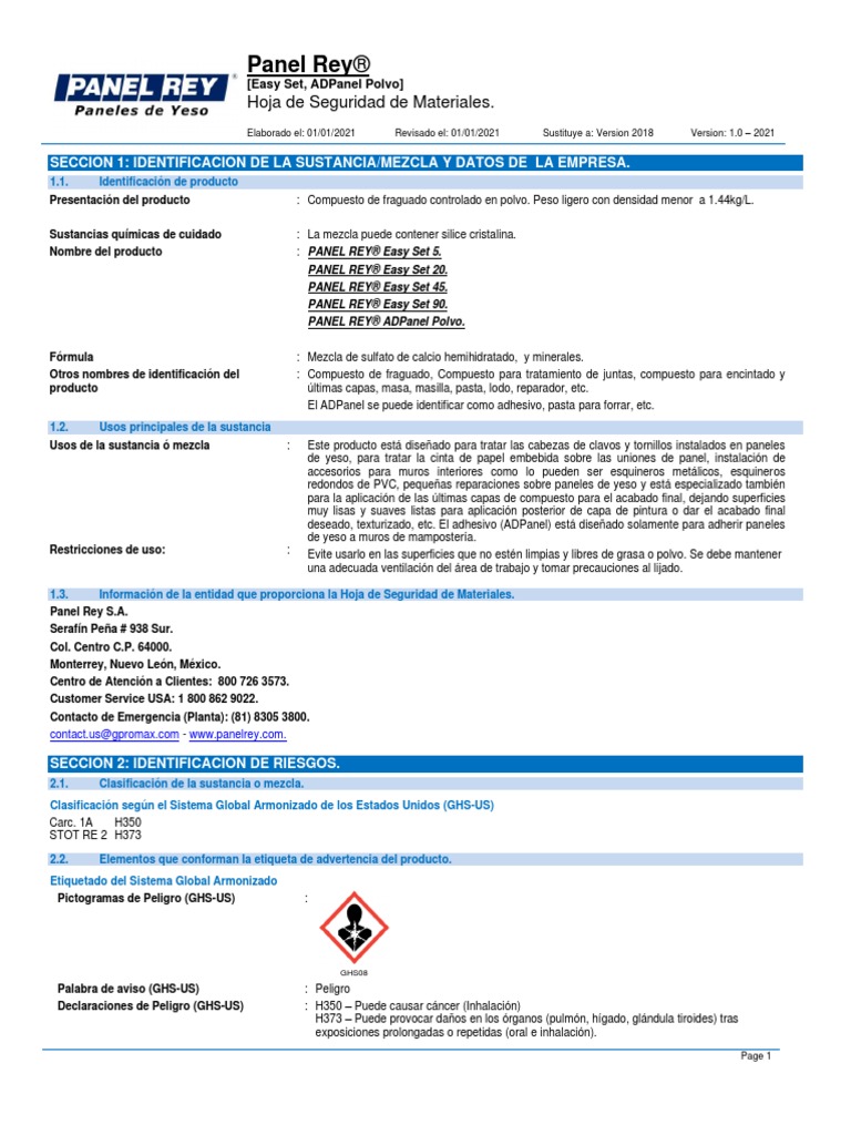 PR - MSDS - Easy Set - AD Panel | PDF | Primeros auxilios | Yeso