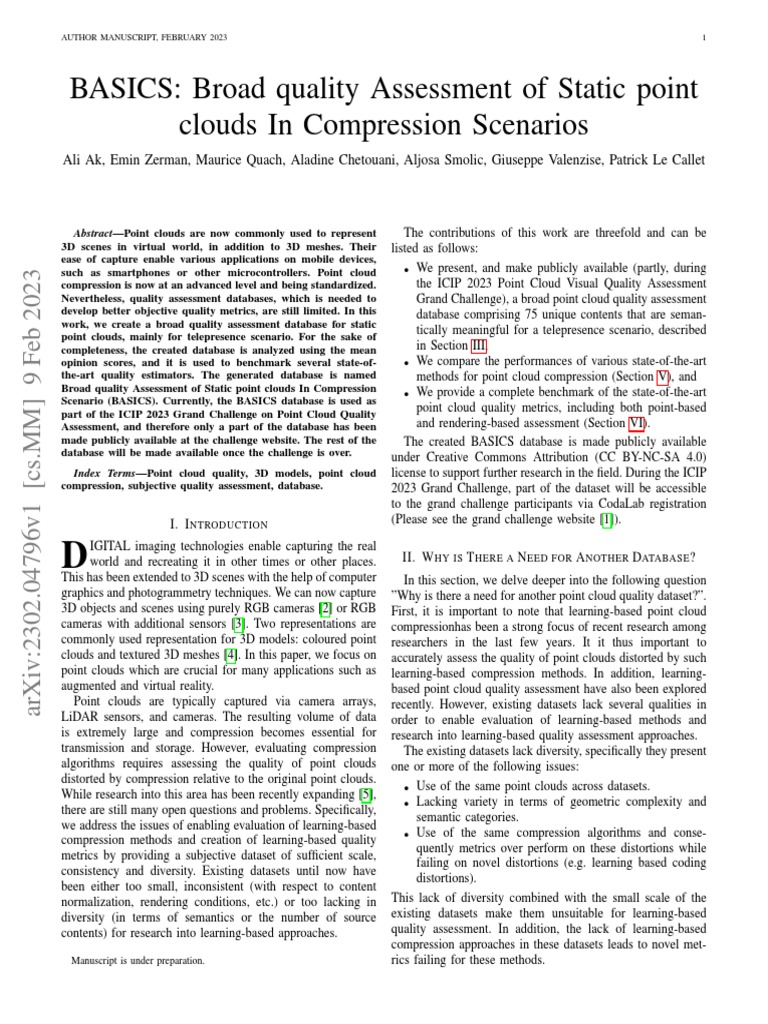 BASICS Broad Quality Assessment of Static Point Clouds in Compression Scenarios - Ak Zerman ...