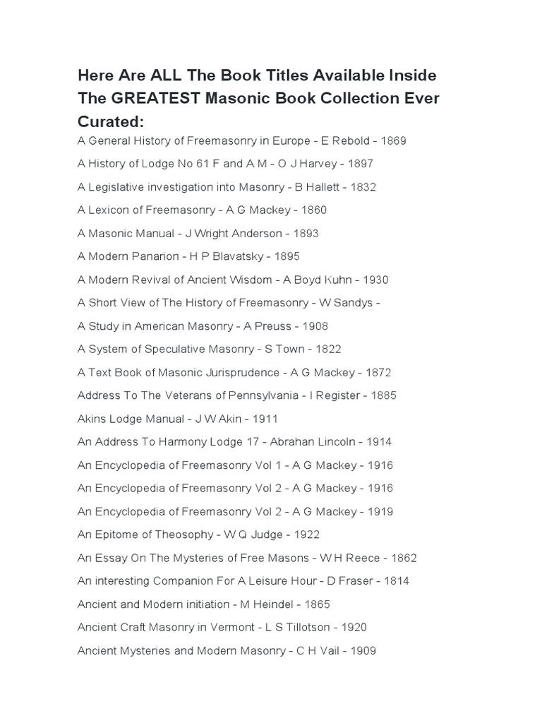 LIsta de Livros The GREATEST Masonic Book Collection Ever Curated | PDF ...