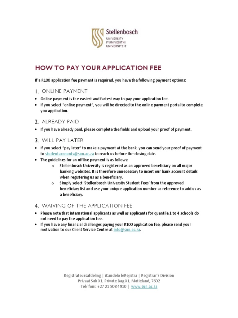 Stellenbosch University Application Fee Guide | PDF | Career & Growth