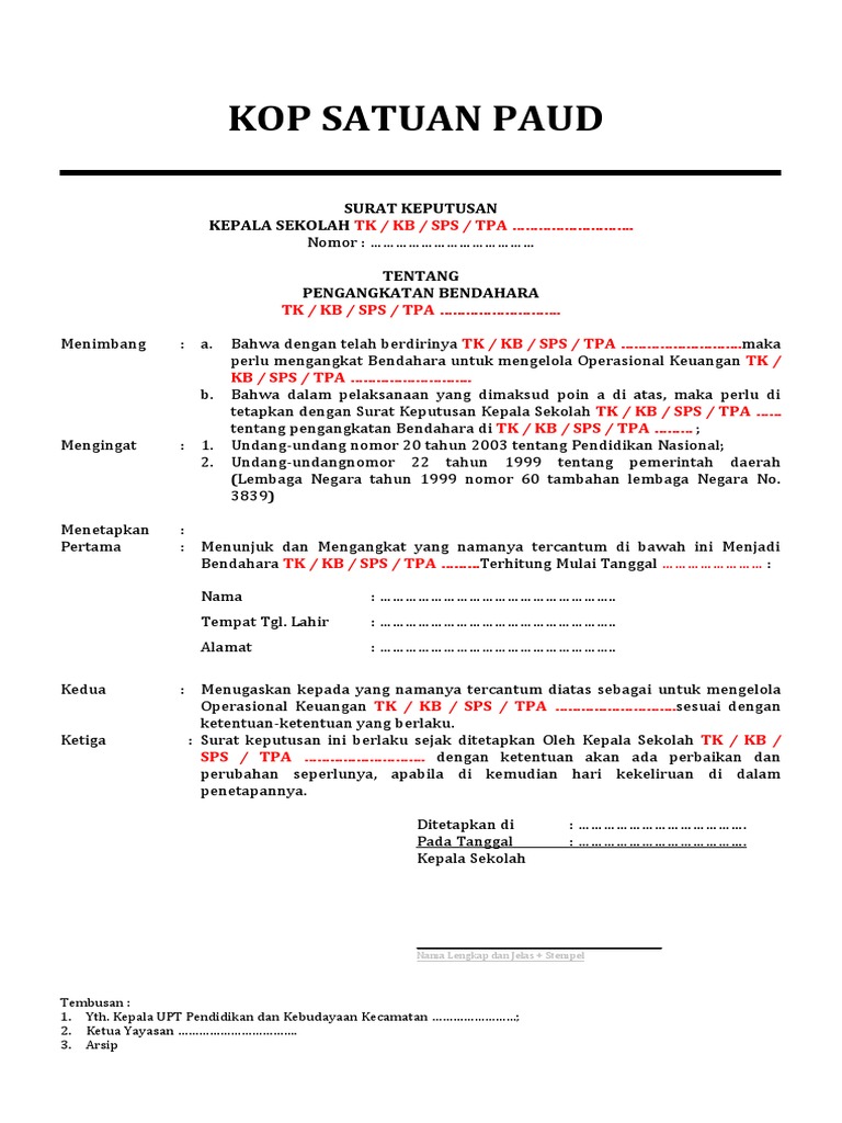 Contoh SK Bendahara BOP PAUD Tahun 2018-2019 | PDF