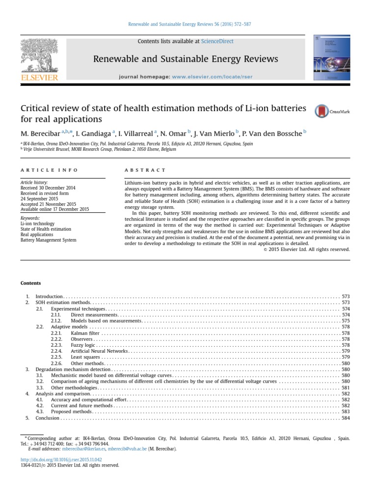 2016 Critical Review Of State Of Health Estimation Methods Of Li Ion