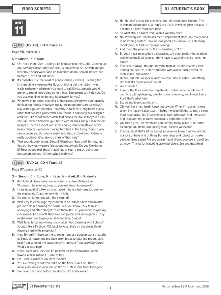 PB AmE B1 SB Videoscript U11 | PDF