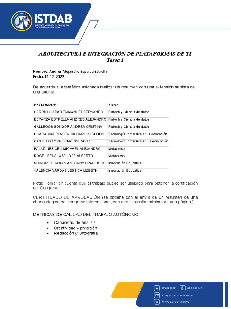 Tarea3 Arquitectura AndresEsparza | PDF | Ciencia de datos | Innovación