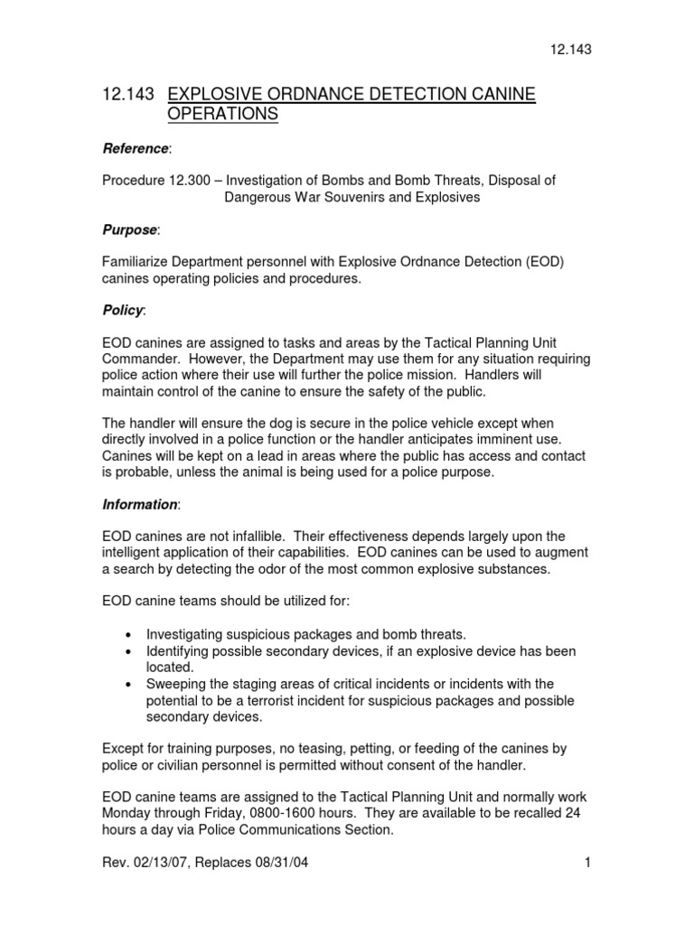 EOD Canine Operations Manual | PDF | Bomb Disposal | Police
