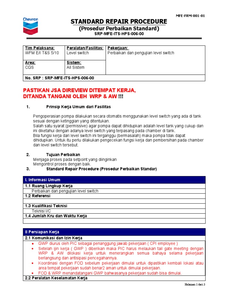 SRP Perbaikan Level Switch | PDF | Teknologi & Rekayasa